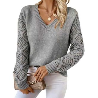 Generic Pull ample en tricot jacquard à manches longues et col en V pour femme, gris, S