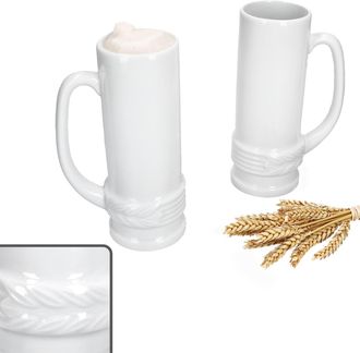 MamboCat 2er Set Ehren-Krug mit Henkel I 0,5 Liter I wei&szlig;er Bierkrug aus Keramik mit &Auml;hren-Relief f&uuml;r 2 Personen I schlanker gl&auml;nzender Bierhumpen I Grillparty