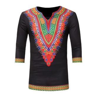 Generic T-shirt Hommes Mois Africain Caract&eacute;ristiques Ethniques Hommes Robe Indig&egrave;ne D&eacute;contract&eacute;e Business Tendance Col en V T-shirt &agrave; Manches Longues, Noir, 