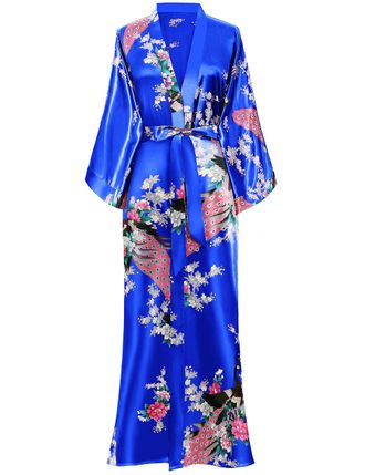 Babeyond Damen Morgenmantel Maxi Lang Seide Satin Kimono Kleid Pfau Muster Kimono Bademantel Damen Lange Robe Schlafmantel Girl Pajama Party