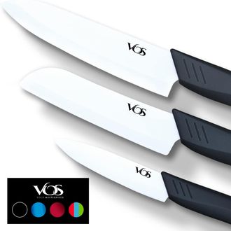 VOS Keramikmesser-Set | Keramik-K&uuml;chenmesser-Set mit Deckeln | Keramik-Sch&auml;lmesser 10,2 cm, 12,7 cm, 15,2 cm (schwarz)