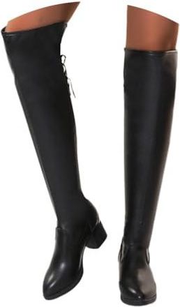 Onsoyours Botte Cuissardes Femme Botte PU Hautes Stretch Cuissardes avec Bloc Talon Slip-on Causal Automne Hiver Longue Boots Slim Fit Botte Equitation A Noir 3