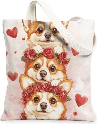 Generic Corgi Sac fourre-tout en toile motif chien pour faire du shopping 33 x 38,1 cm, sac &agrave; bandouli&egrave;re amusant et r&eacute;utilisable pour femme, peinture danimau