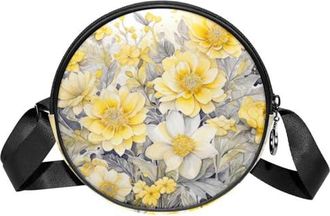 Generic Petit sac &agrave; bandouli&egrave;re circulaire pour femme, motif feuilles florales, sac &agrave; dos avec fermeture &eacute;clair, bretelles r&eacute;glables, sac &agrave; main rond d&eacute;contra