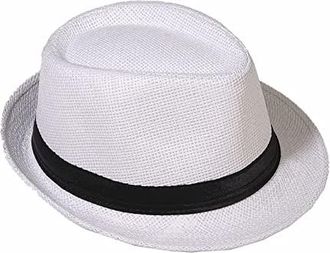 Miobo Chapeau de paille Panama Fedora Trilby Gangster Chapeau de soleil avec ruban en tissu street style - Blanc - Large