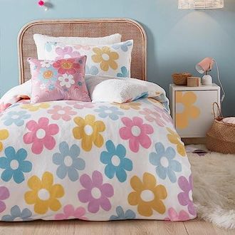 Bedlam Retro Flower - Fleece-Bettbezug-Set - Doppelbett-Größe in Mehrfarbig