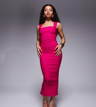 Vesper Robe longueur mollet en bengaline à encolure carrée et bretelles larges - Cerise-rose