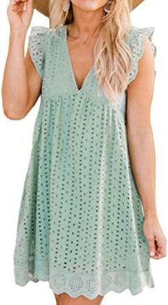 Onsoyours Robe DÉté pour Femmes Tenue Décontractée avec Short Intégré Élégante Col en V À Manches Volantées Creuse Dentelle Jacquard Couleur Unie Robe Ample ave