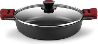 Bra Premiere | Niedriger Schmortopf 32 cm, Aluminiumguss, dreischichtig, verstärkte Antihaftbeschichtung, 2 abnehmbare Silikongriffe, für alle Herdarten e