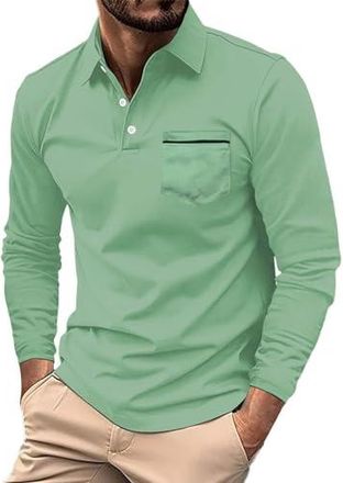 Generic Polo pour homme, col basculant, t-shirt Henley, manches longues, couleur unie, chemise formelle avec poche poitrine, coupe confortable, 1/4 bouton, t-