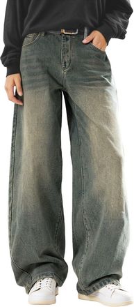 Generic Jeans Damen High Waist Straight Leg Weites Bein Jeans mit Knopfleiste Denim Y2k Stretch Mode Bequeme Jeanshosen mit Taschen Baggy Jeanshosen Oversized