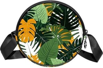 Generic Sac &agrave; bandouli&egrave;re rond pour femme, motif feuilles tropicales, sac &agrave; dos &agrave; bandouli&egrave;re avec fermeture &eacute;clair, bretelles r&eacute;glables, sac &agrave; main rond d&eacute;co