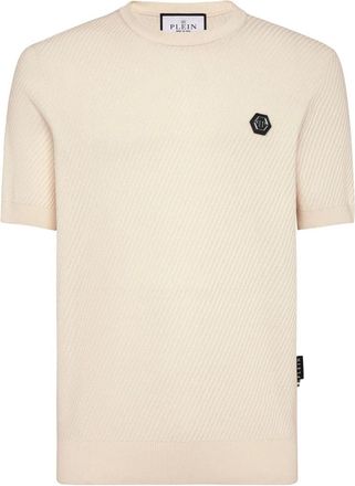 Philipp Plein Homme, Tops, Beige, Taille: S Knited Round Neck T-Shirt Wool Silk Blend