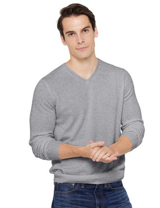 State Cashmere Herren V-Ausschnitt Strickpullover 100% reines Kaschmir Feinstrick Langarm Pullover (X-Large, Grau meliert)