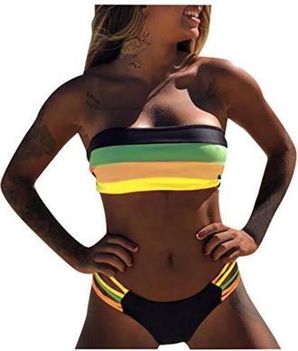 Generic Ensemble bikini bandeau pour femme - Soutien-gorge coloré - Maillot de bain rembourré push-up - Maillot de bain à rayures - Tankinis assortis, jaune, 