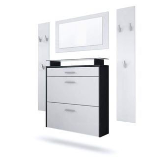 Vladon Garderobe Malea, Garderobenset bestehend aus 1 H&auml;ngeschuhschrank, 1 Wandspiegel und 2 Garderobenpaneele, Schwarz matt/Wei&szlig; matt
