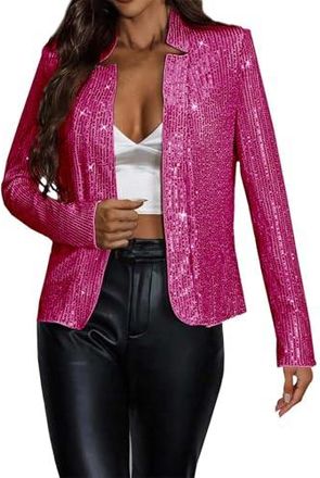 Generic Cardigan &agrave; paillettes pour femme, haut de f&ecirc;te pour femme, couleur unie, tunique brillante, cardigan d&eacute;contract&eacute; ouvert sur le devant, manteaux &agrave; col 