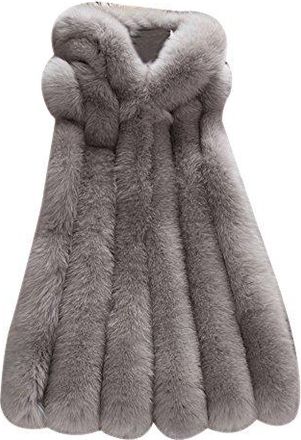 LaoZan Femmme Gilet Vest Manteau Coat Long san Manches &agrave; Capuches en Fausse Fourrure pour Cocktail Mariage F&ecirc;te en Hiver - Gris Clair - 2X Large