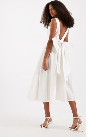 Tfnc Plus - Robe mi-longue de mari&eacute;e en coton avec encolure bateau et noeud dans le dos - Ivoire-Blanc