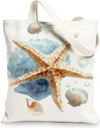 Generic Sacs fourre-tout en toile de mer, motif coquillage nautique, sacs de courses respectueux de lenvironnement, légers et lavables, blanc, 13x15 Inch