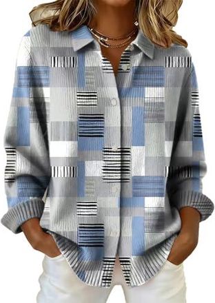 Generic Chemisier &agrave; carreaux d&eacute;contract&eacute; pour femme - Cardigan boutonn&eacute; &agrave; col en V - Cardigan &agrave; manches longues, bleu, XXL