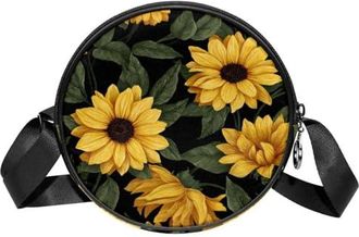 Generic Sac &agrave; bandouli&egrave;re rond pour femme, motif feuilles de tournesol, petit sac &agrave; dos &agrave; bandouli&egrave;re avec fermeture &eacute;clair, bretelles r&eacute;glables, sac &agrave; main r