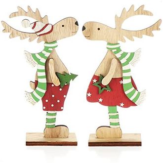 Com-Four 2X présentoirs décoratifs pour Noël - Rennes en Bois à Poser - présentoirs de Noël à décorer et à Offrir (Renne XL - Rouge + Vert)
