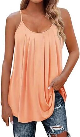 Generic Débardeur fluide à bretelles spaghetti réglables pour femme - Col rond plissé - Débardeur sans manches pour femme - Coupe ample - Style décontracté et