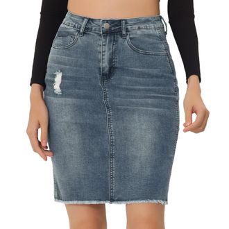 Allegra K Damen Jeansrock Knielang Hohe Taille Gerader Rock Ripped Saum R&ouml;cke Blau grau XS