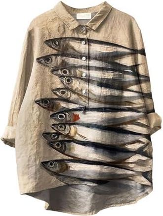 Generic Chemise boutonnée en coton et lin pour femme, t-shirt carré ample et fluide en lin pour femme, imprimé poisson vintage, col à revers, chemisiers à man
