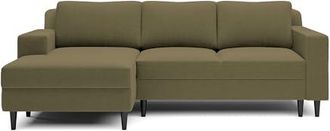 Selsey Nalika L-f&ouml;rmiges Eckschlafsofa mit Beh&auml;lter, linksseitiges olivfarbenes hydrophobes Velours
