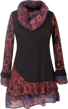 vishes Alternative Bekleidung - Damen Langarm Mandala R&uuml;schen-Kleid mit Kapuzenschal schwarz 40-42