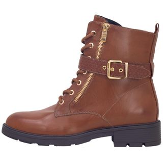 Fitters Footwear Damen Stiefelette Amalia Lederimitat Bikerstiefelette mit Schnalle und Reißverschluss Übergröße - Brandy, Schuhgröße:45