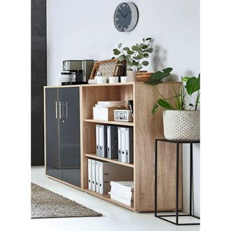 Furnitive home24 Aktenschrank 2-teilig 85 x 114 x 33cm Braun/Eiche Sonoma Dekor/Hochglanz Anthrazit
