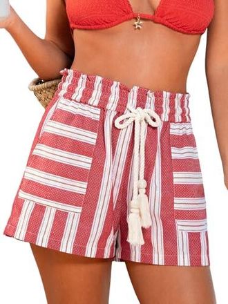 Cupshe Short &eacute;lastique pour femme - Taille haute - Jambe large - Pour l&eacute;t&eacute; - Ray&eacute; - Avec poches, rouge, XL