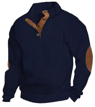 Generic Pull décontracté pour homme, pull tricoté à manches longues et col montant pour homme, pull tricoté à boutons 2026, bleu marine, 4XL