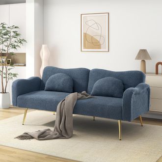 Generic Schlafsofa 2 Sitzer Lammfelloptik Wolken Design Goldene Beine Couch mit Schlaffunktion 3-Stufen Verstellbar Saugroboter geeignet Inkl 2 Kissen Weich S