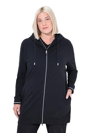 Ulla Popken Femme Veste Oversize en Molleton, Passepoil Fantaisie, Capuche et Fermeture &agrave; glissi&egrave;re &agrave; Double Sens Noir 54+ 842791100-54+