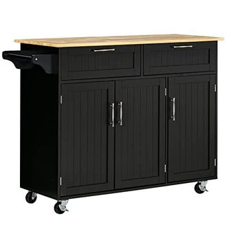 HOMCOM Chariot de cuisine multifonction avec 2 tiroirs, armoire 3 portes et 4 roues, île de cuisine en bois et MDF, 121 x 46 x 91 cm, noir