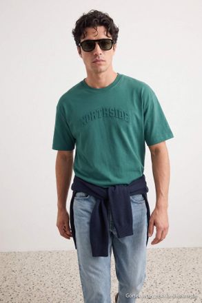 Trendyol MAN Herren Gr&uuml;n Slogan Kurz Oversize T-Shirts