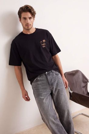Trendyol MAN Herren Schwarz Landschaftsprint Kurz Oversize T-Shirts