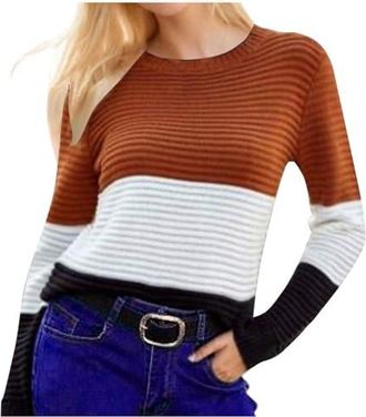 Generic Pull pour femme - Automne et hiver - Col rond - Ray&eacute; - Coupe ample - Doux - Manches longues - Vintage - Chaud et confortable, Marron (01), 38