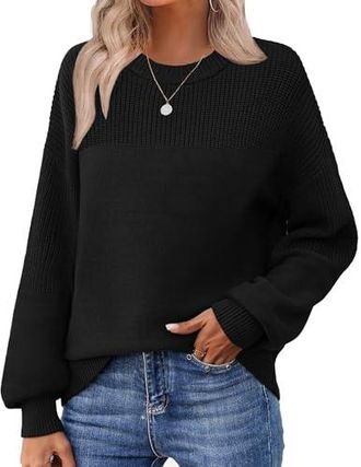 Generic Pull d&eacute;contract&eacute; &agrave; manches longues pour femme - Col rond - Couleur unie - Pull d&eacute;contract&eacute; en tricot, Noir, XXL