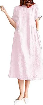 Generic Robe amincissante &agrave; manches courtes et col rond pour femme - Couleur unie - Coupe ajust&eacute;e, rose, XXL