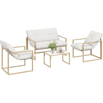 OUTSUNNY Salon de jardin ext&eacute;rieur - Outsunny - 4 pi&egrave;ces, coussins ultra-&eacute;pais 15cm - canap&eacute; 2 places avec table basse et 2 fauteuils - kaki