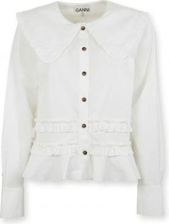 Ganni Femme, Blouses et Chemises, Blanc, Taille: 42 FR Stretch Cotton Ruffle Shirt