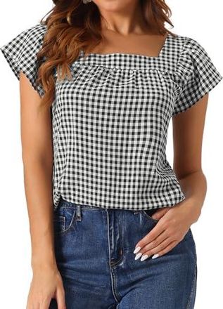 Allegra K Hauts dété à col carré vichy pour femmes T-shirts à manches courtes, Noir, M