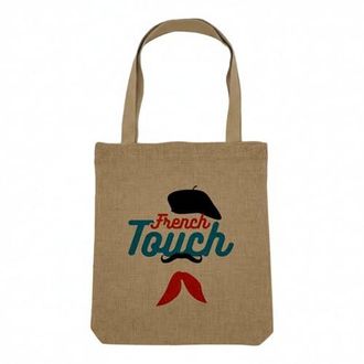 Fabulous Sac Shopping Tote Bag Aspect Lin - French Touch Moustache Beret B&eacute;b&eacute; - Sac de Courses Toile Epaisse 360g Beige Naturel Cabas Port&eacute; Epaule Solide Impri