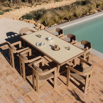 Sklum Rechteckiger Esstisch 200x100 cm mit Dubai-Fliesen und 8 Gartenst&uuml;hlen aus Akazienholz und synthetischem Rattan Ginara Beige Tapioca