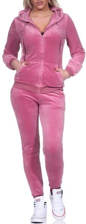 Jela London Damen Nicki Hausanzug Jogginganzug Velour Samt Jogging Freizeit Hose Kapuzen Jacke, Altrosa, 36-38 (M)